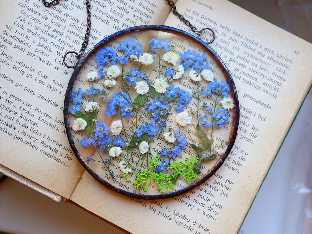 Blue Forget Me Nots Birth Flower Decoration, Mothers Day Gift, Stained Glass Window Pressed ...