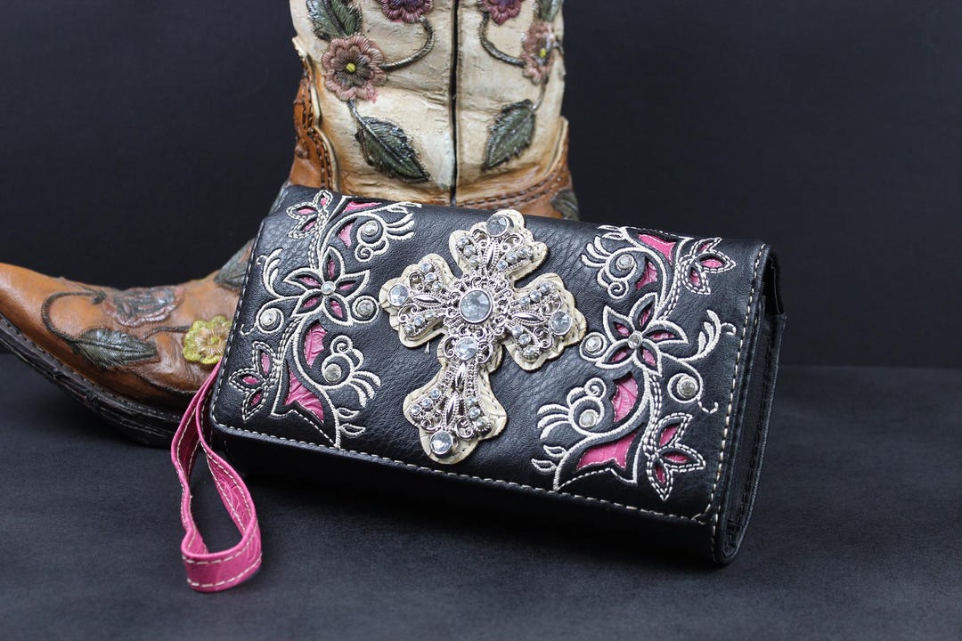 Western Cowgirl Clutch Wallet: Black & Pink PU Leather Purse With ...