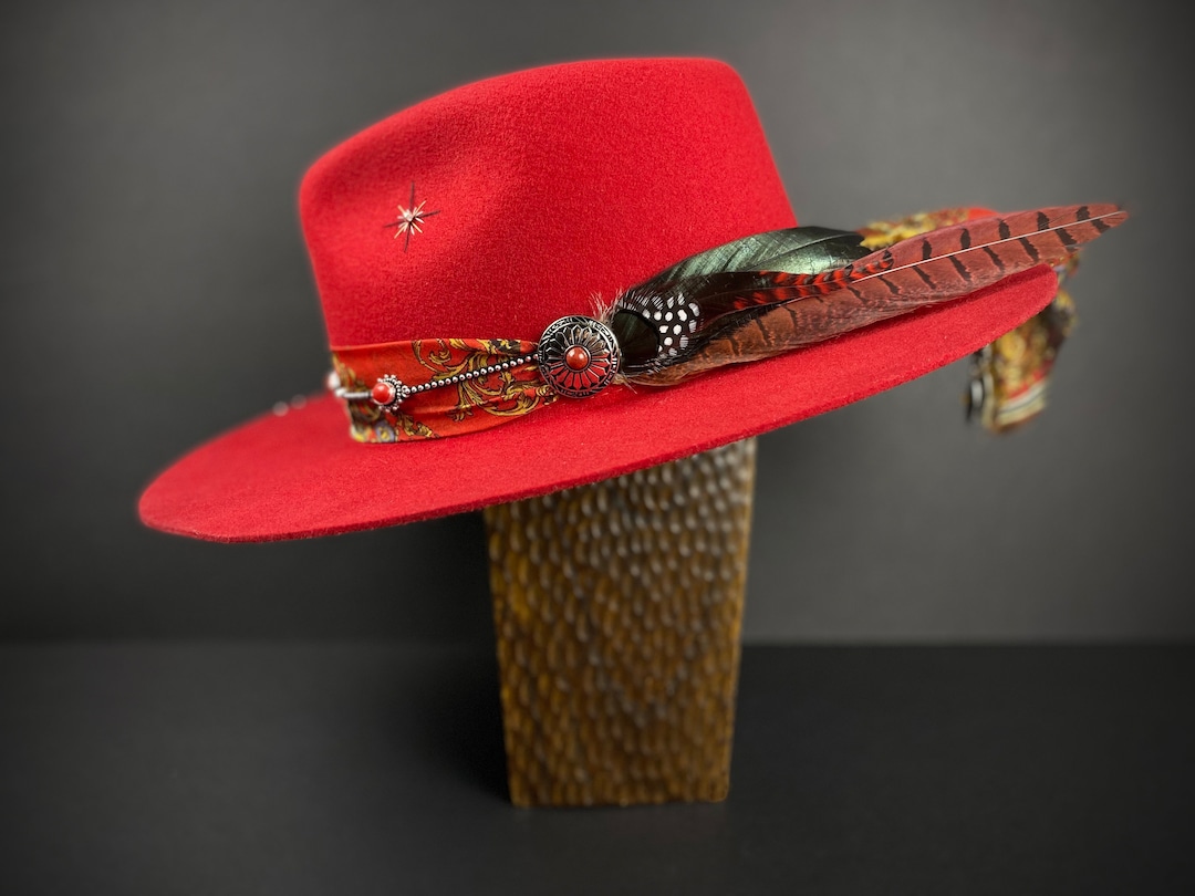 The Memphis Fedora Wool Felt Hat Red Flat Brim Unisex Musician Country ...