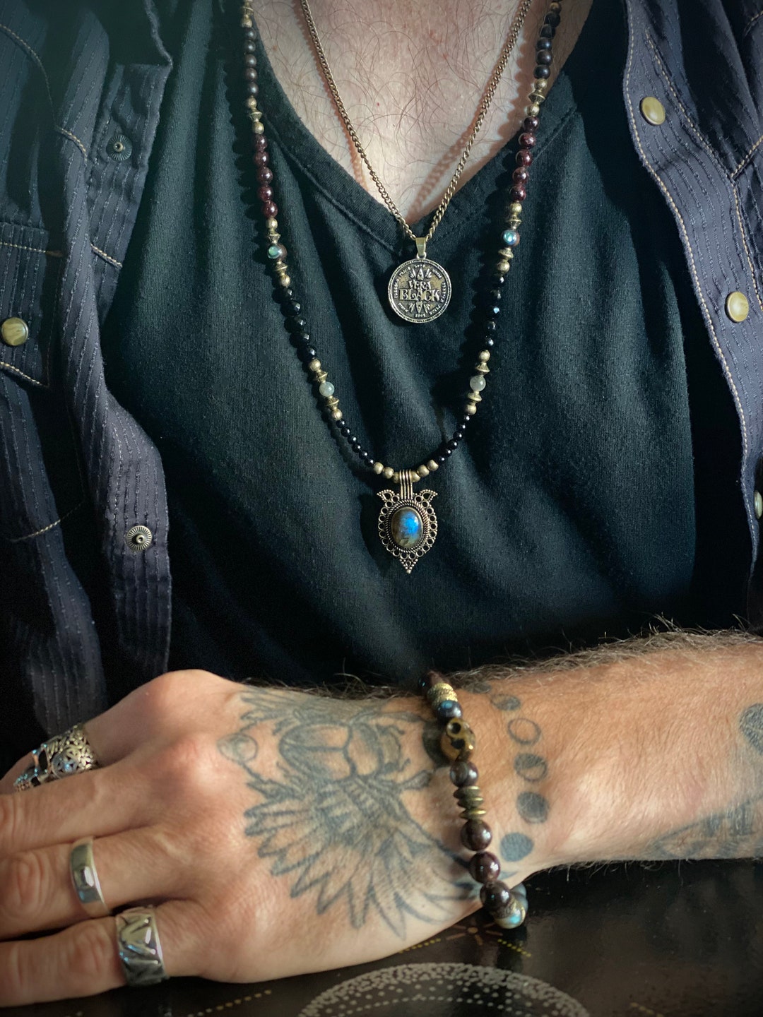 The Raven Beaded Necklace & Bracelet Set - Ebony Wood Labradorite ...