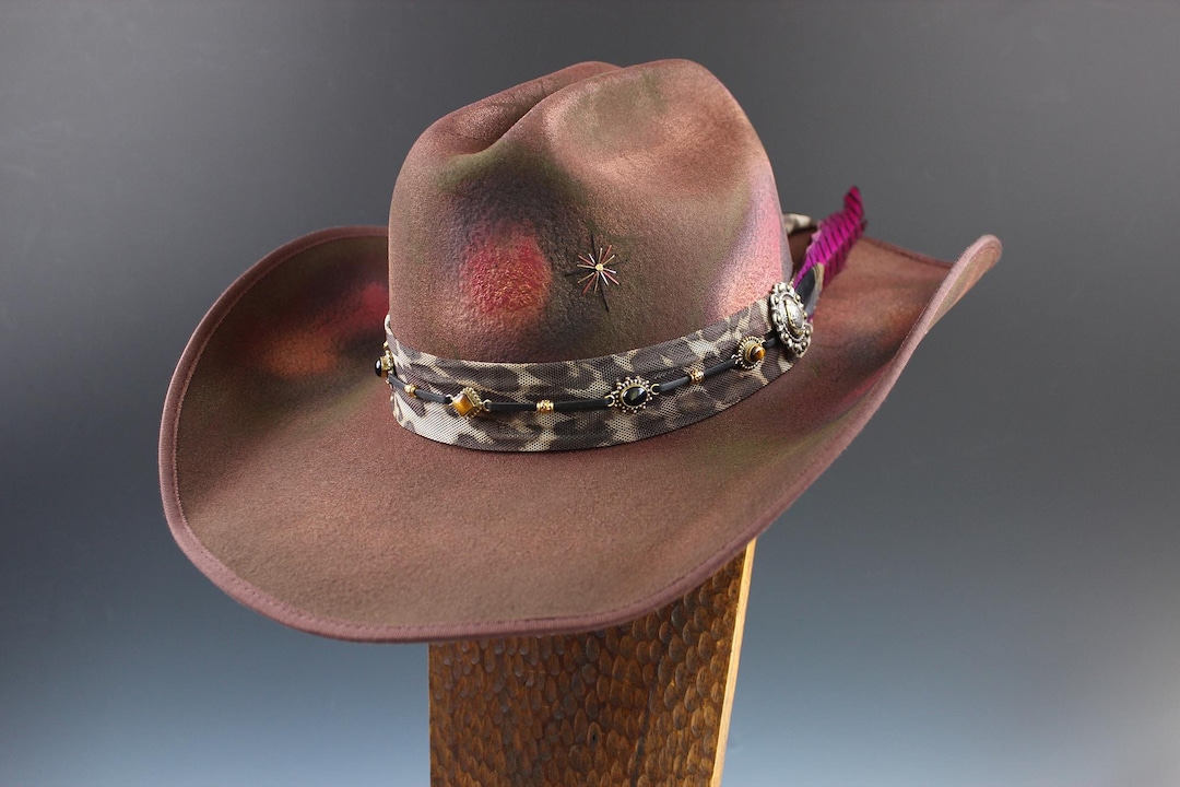 One of A Kind Cowboy Hat - Brown With Pink Distress Effect - Size ...