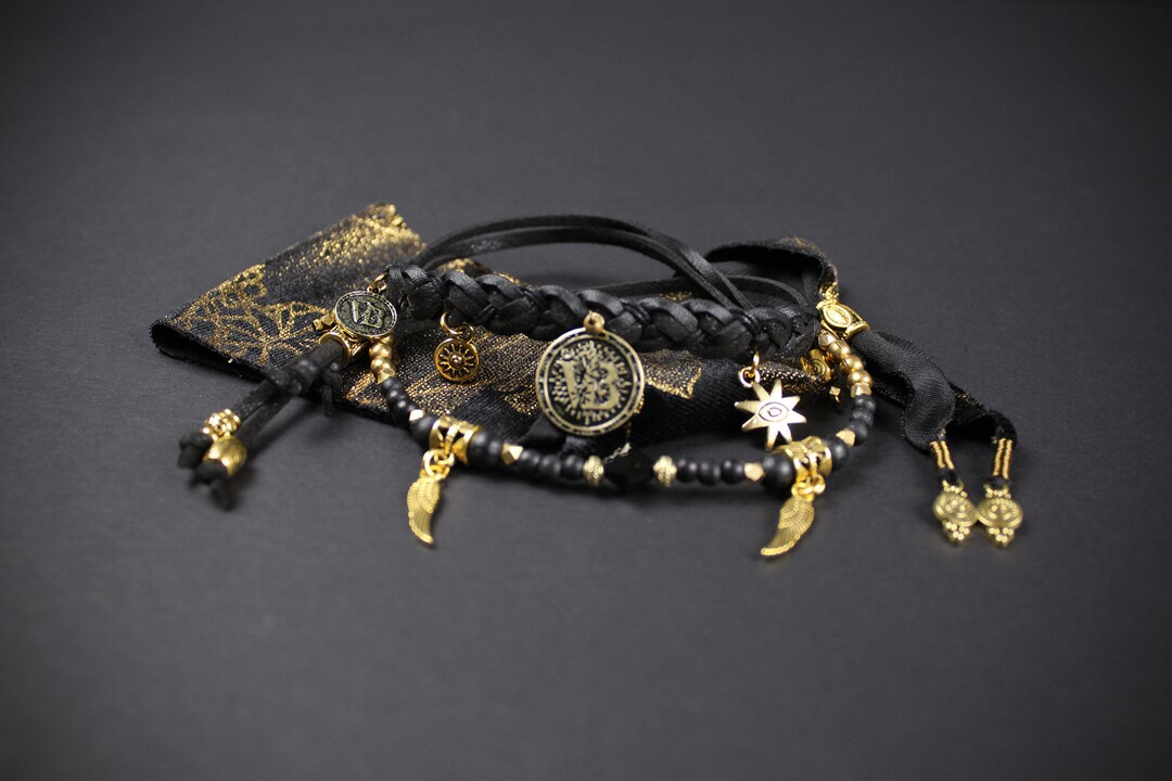 Midnight Marrakech Bracelet Set: Black Gold Charm Fabric Wrist Wrap - Etsy