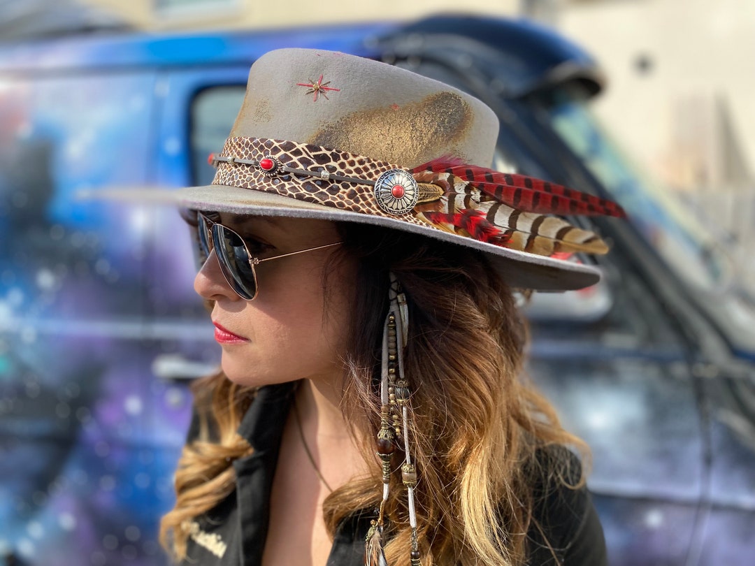 The Scarlet Heart Fedora - Wool Felt Wide Flat Brim Hat Bohemain ...