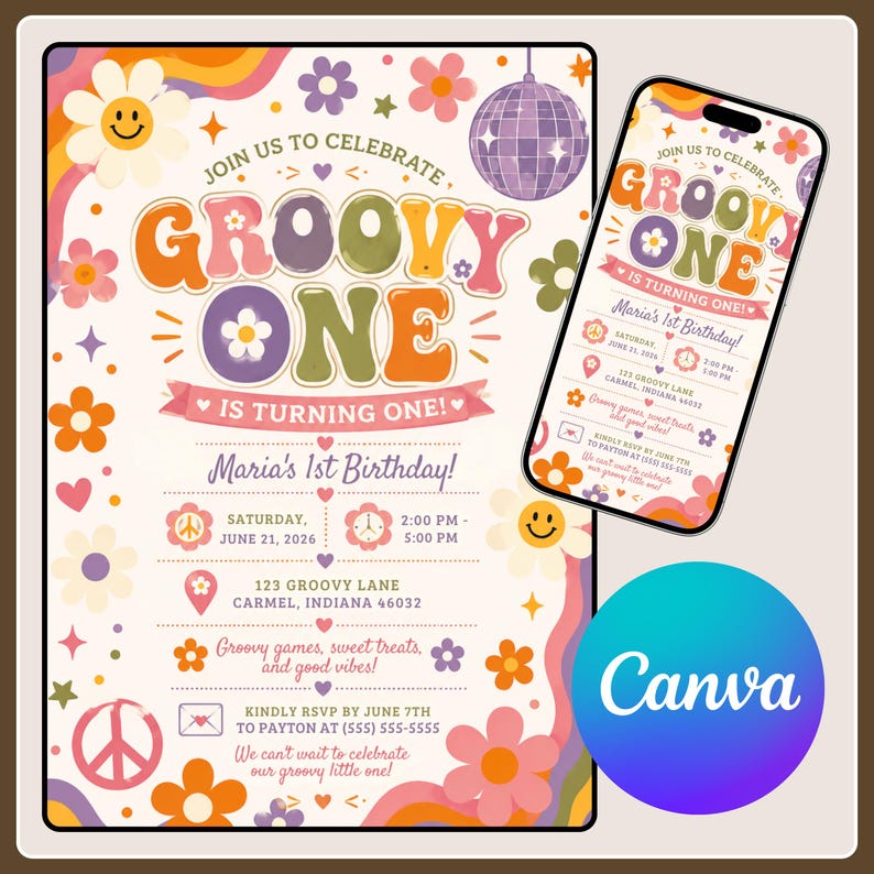 Groovy One Birthday Invitation, Retro Daisy Canva Template (digital ...