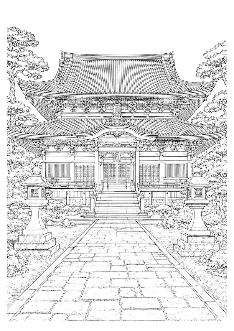 Kyoto Temple Coloring Pages | 10 Printable Japanese Temple Line Art ...
