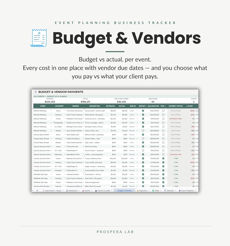 Event Planning Business Spreadsheet, Event Planner Template, Vendor ...