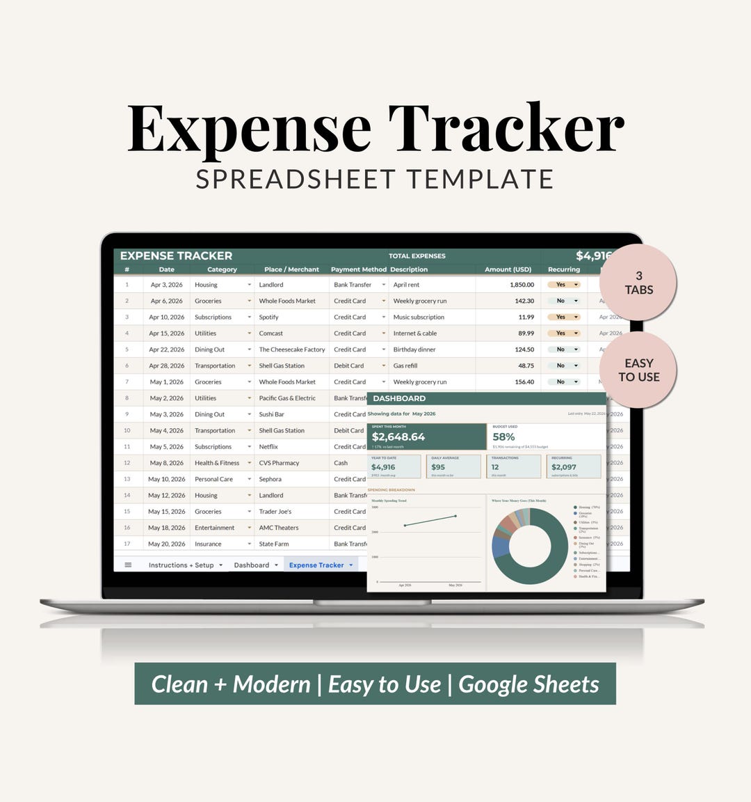 Expense Tracker Spreadsheet, Monthly Budget & Expense Tracker, Personal ...