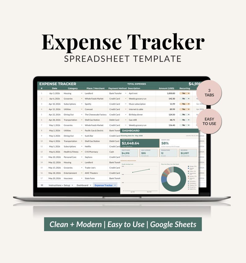 Expense Tracker Spreadsheet, Monthly Budget & Expense Tracker, Personal ...