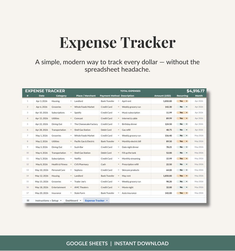 Expense Tracker Spreadsheet, Monthly Budget & Expense Tracker, Personal ...