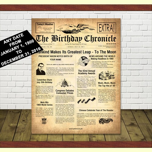 The Day You Were Born Any Yearpersonalised Newspaper Style - Etsy