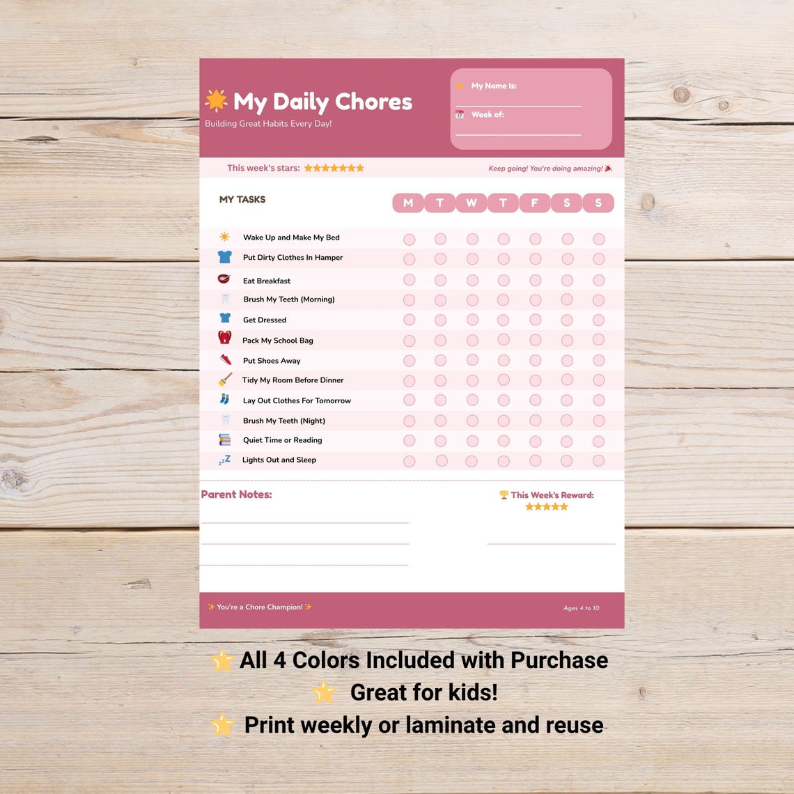 Kids Weekly Chore Chart Printable | Daily Routine Tracker (4 Colors ...