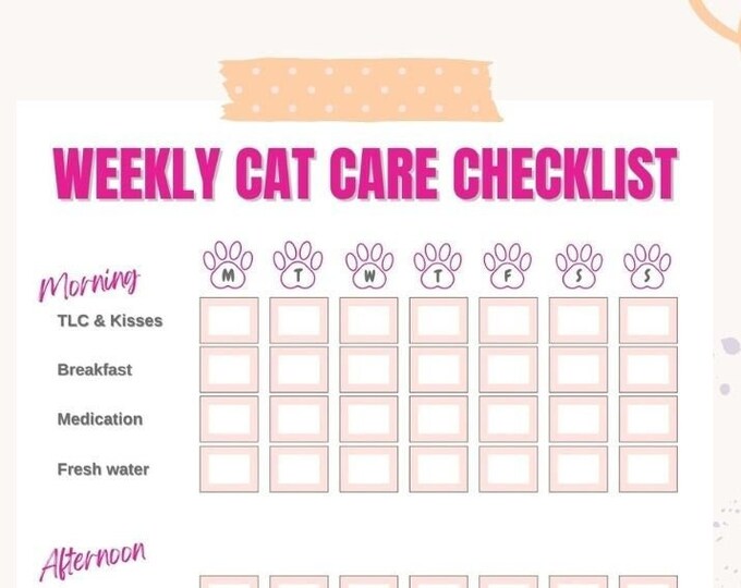 Printable Cat Care Checklist, Pink Digital Download Cat Weekly Tracker ...