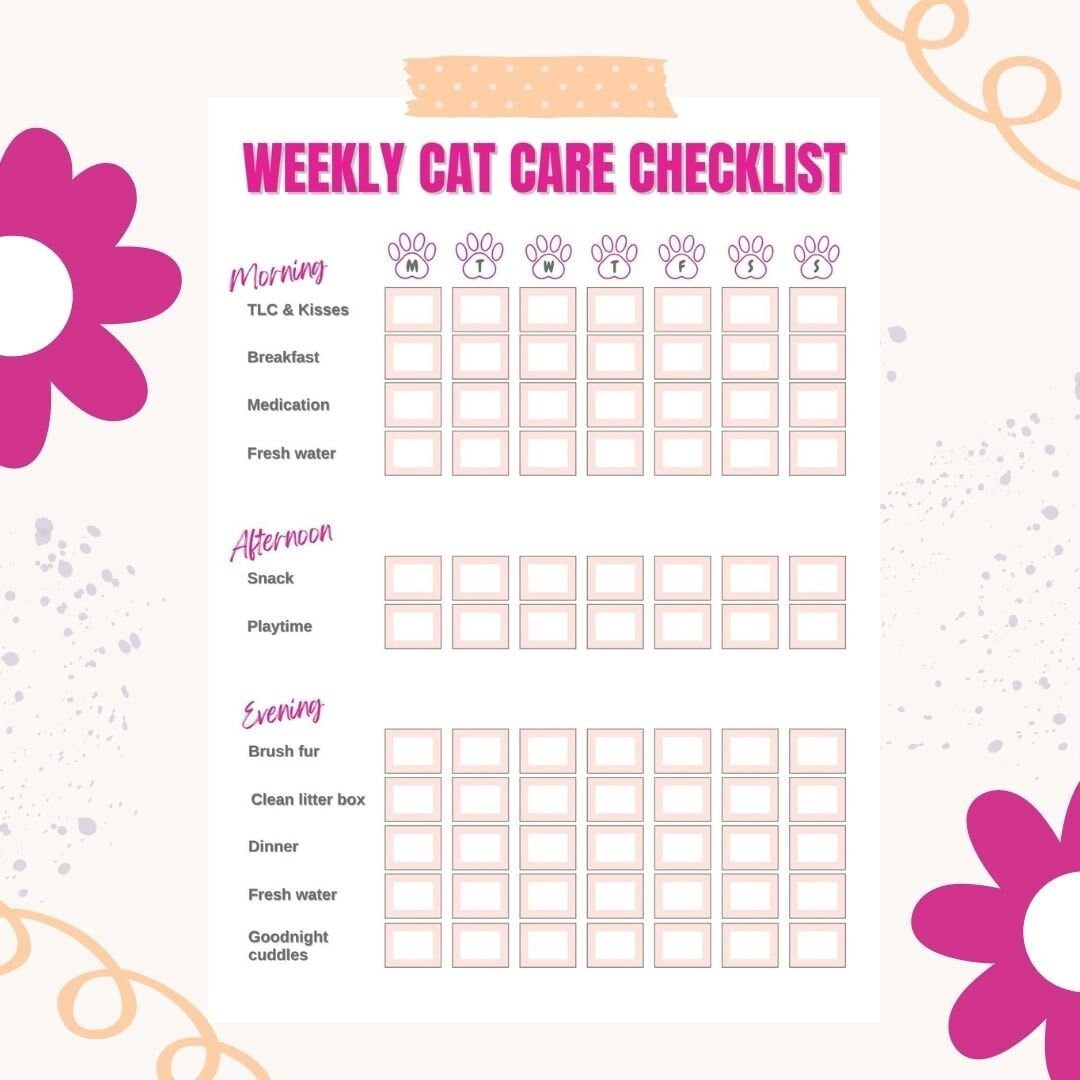 Printable Cat Care Checklist, Pink Digital Download Cat Weekly Tracker ...