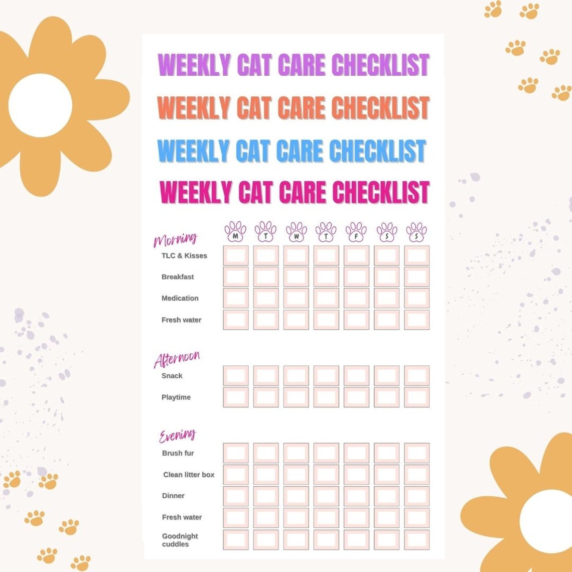 Printable Weekly Cat Care Checklist in Orange, Pet Care Planner ...