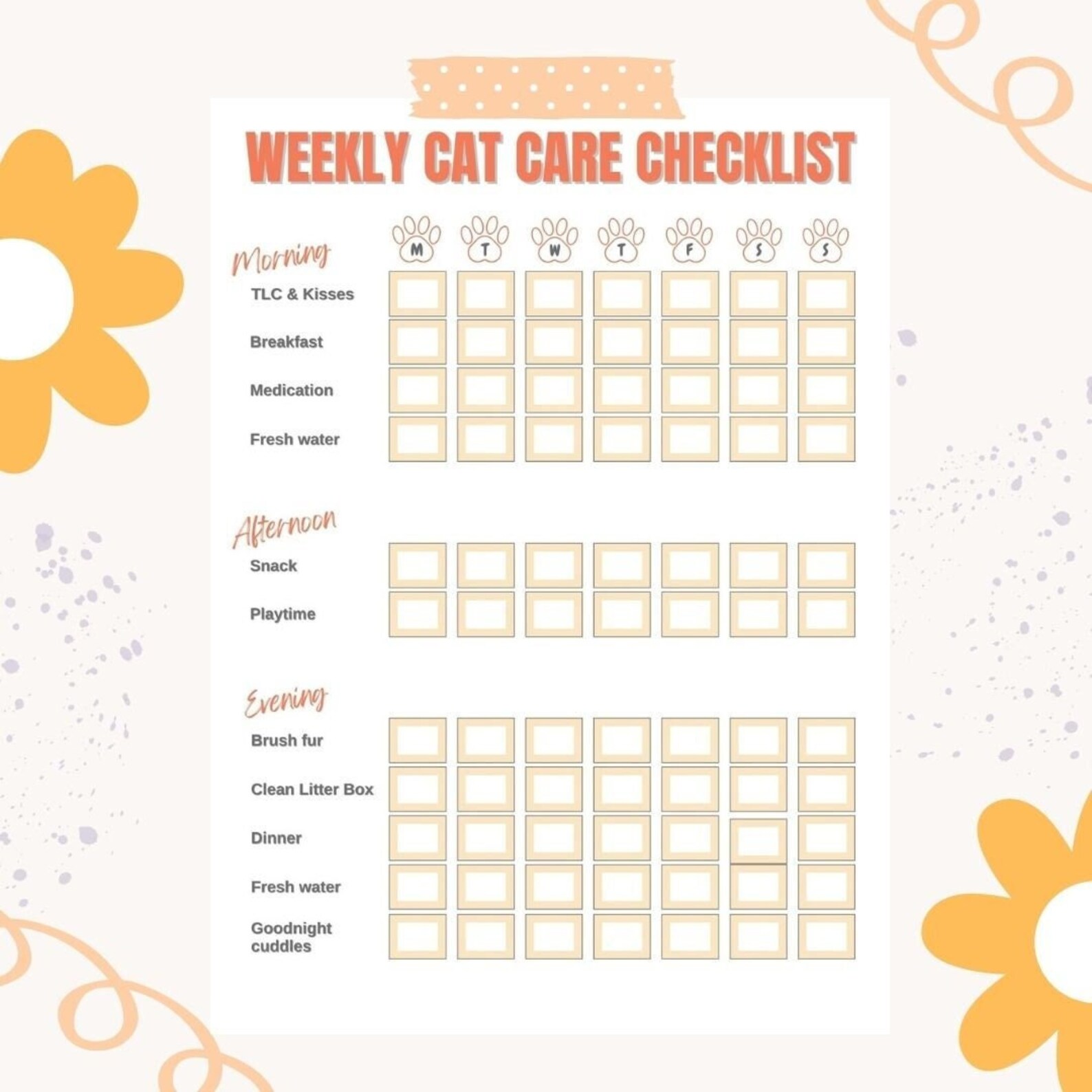Printable Weekly Cat Care Checklist in Orange, Pet Care Planner ...