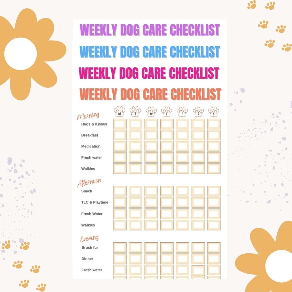 Printable Dog Care Checklist, Orange Digital Download Dog Planner ...