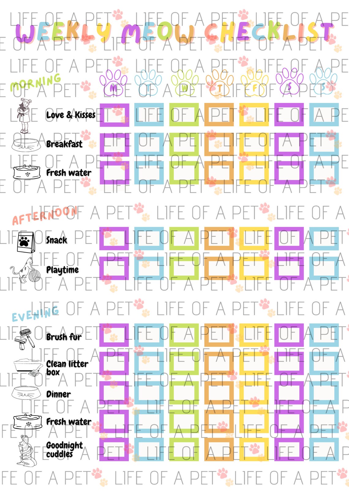 Cat Care Printable Checklist for Kids Digital Size A4 PDF Cat | Etsy