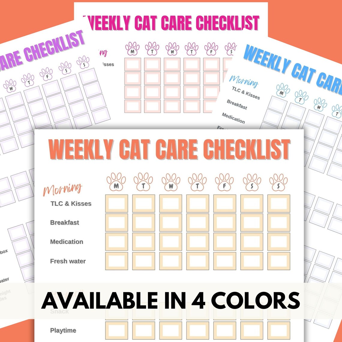 Printable Cat Care Checklist, Pink Digital Download Cat Weekly Tracker ...