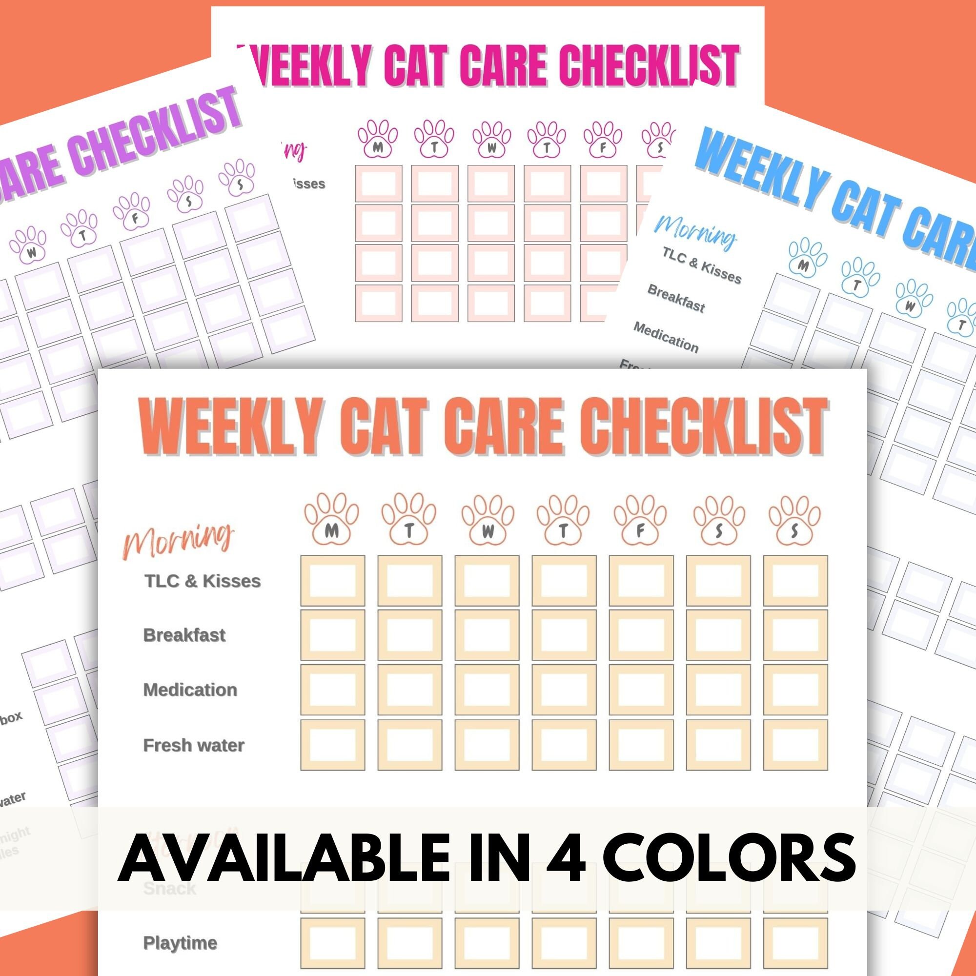 Printable Cat Care Checklist, Pink Digital Download Cat Weekly Tracker ...