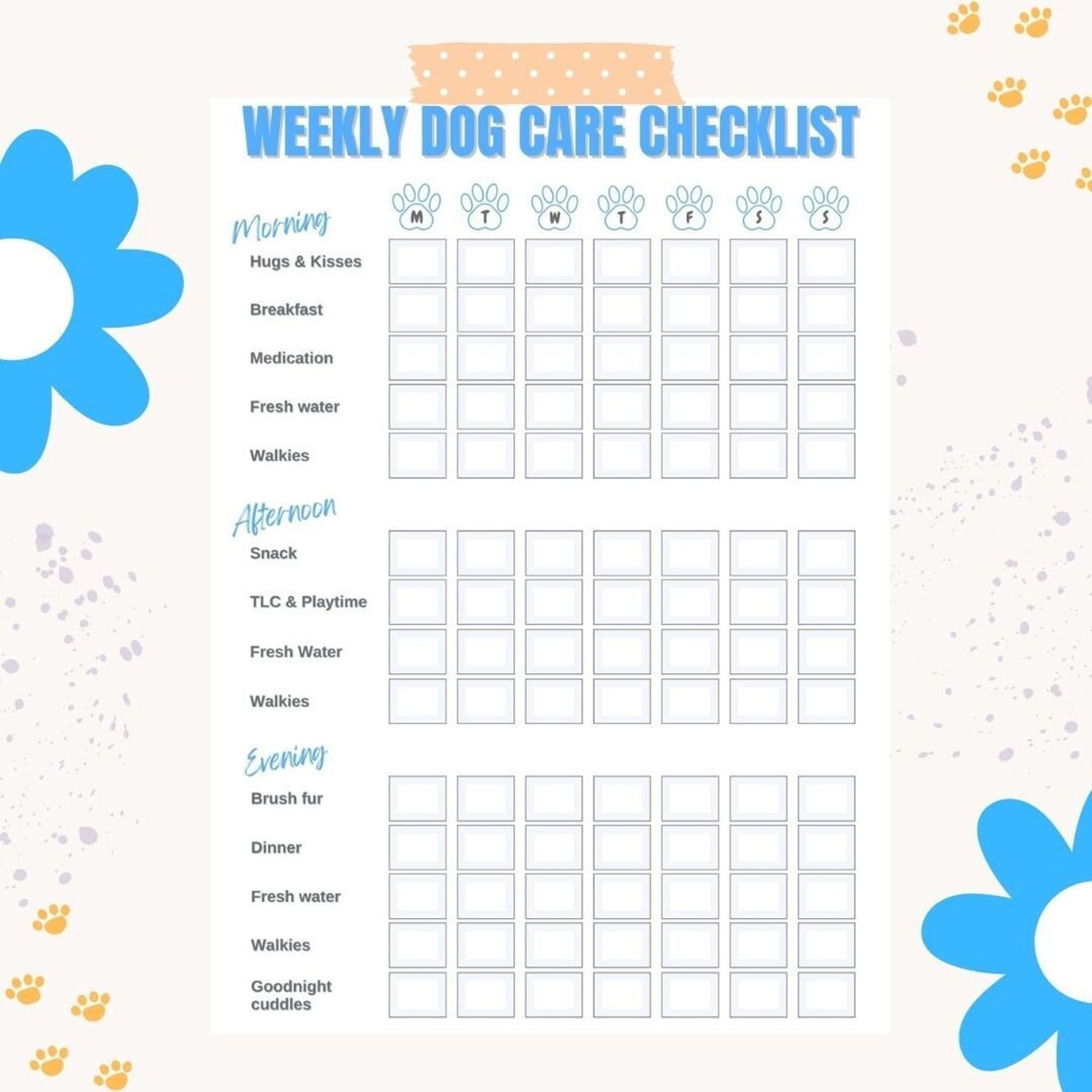 Printable Dog Care Schedule, Blue Digital Download Dog Care Plan, Dog ...