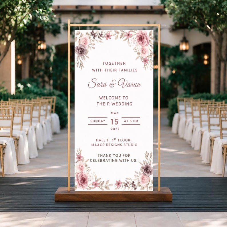 Personalized Wedding Welcome Sign Custom Name Floral Banner With Stand ...