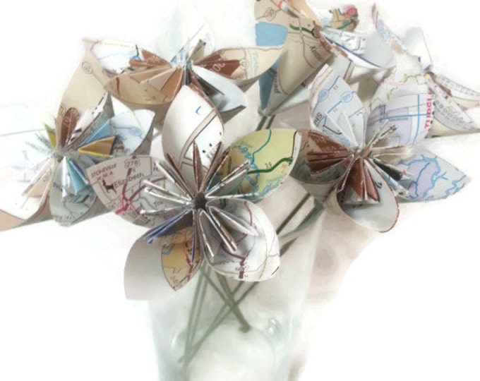 Bouquet Map Paper OOAK Origami Flowers With Stems - Etsy
