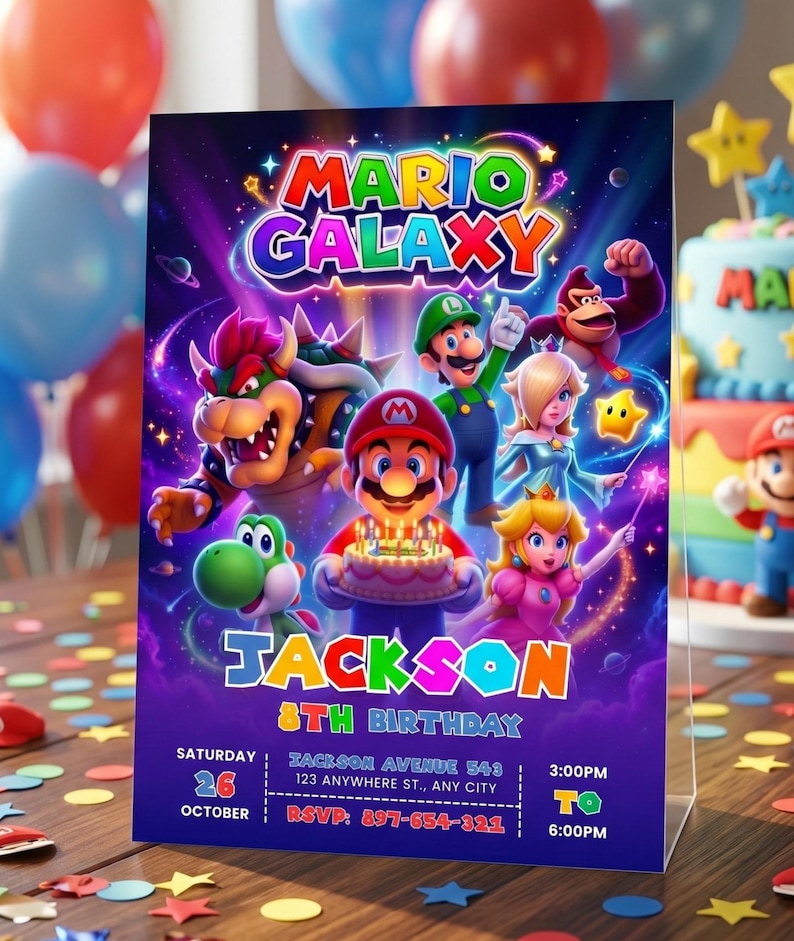 Mario Galaxy Birthday Invitation Editable Canva Template, Outer Space ...