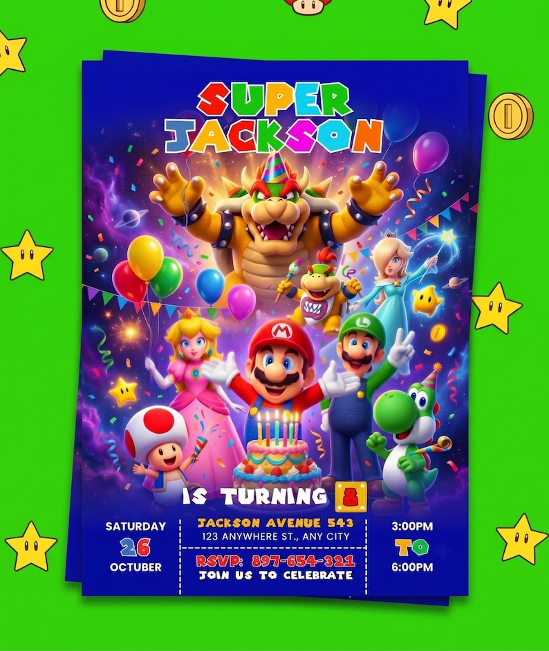 Super Mario Galaxy Birthday Invitation Editable Canva Template ...