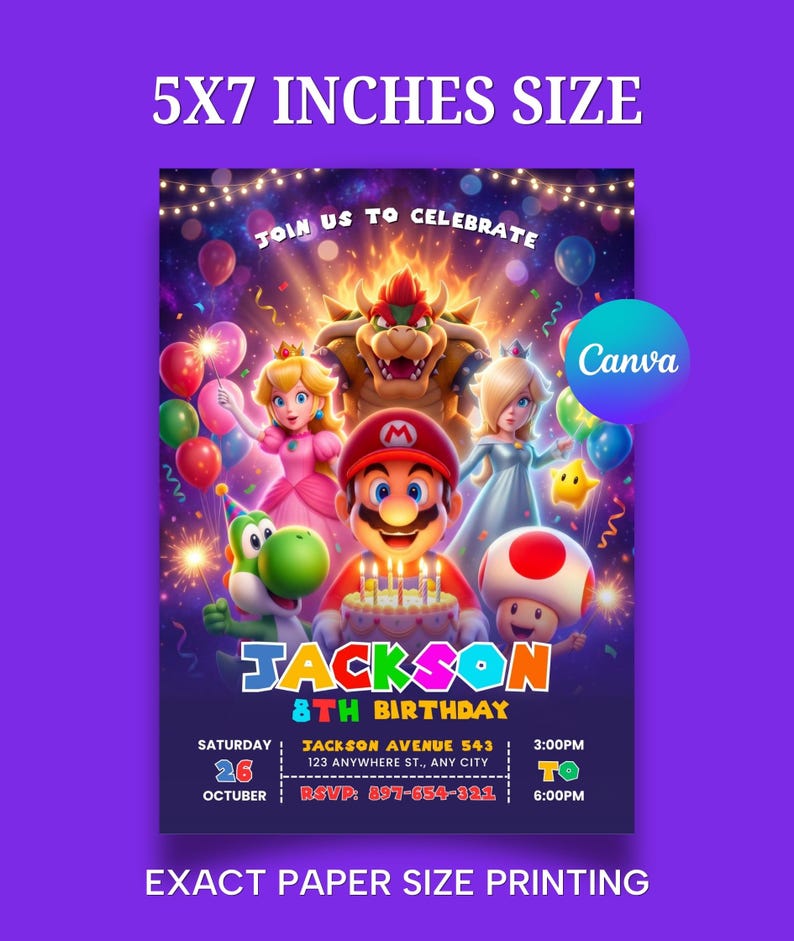 Super Mario Galaxy Birthday Invitation Editable Canva Template ...