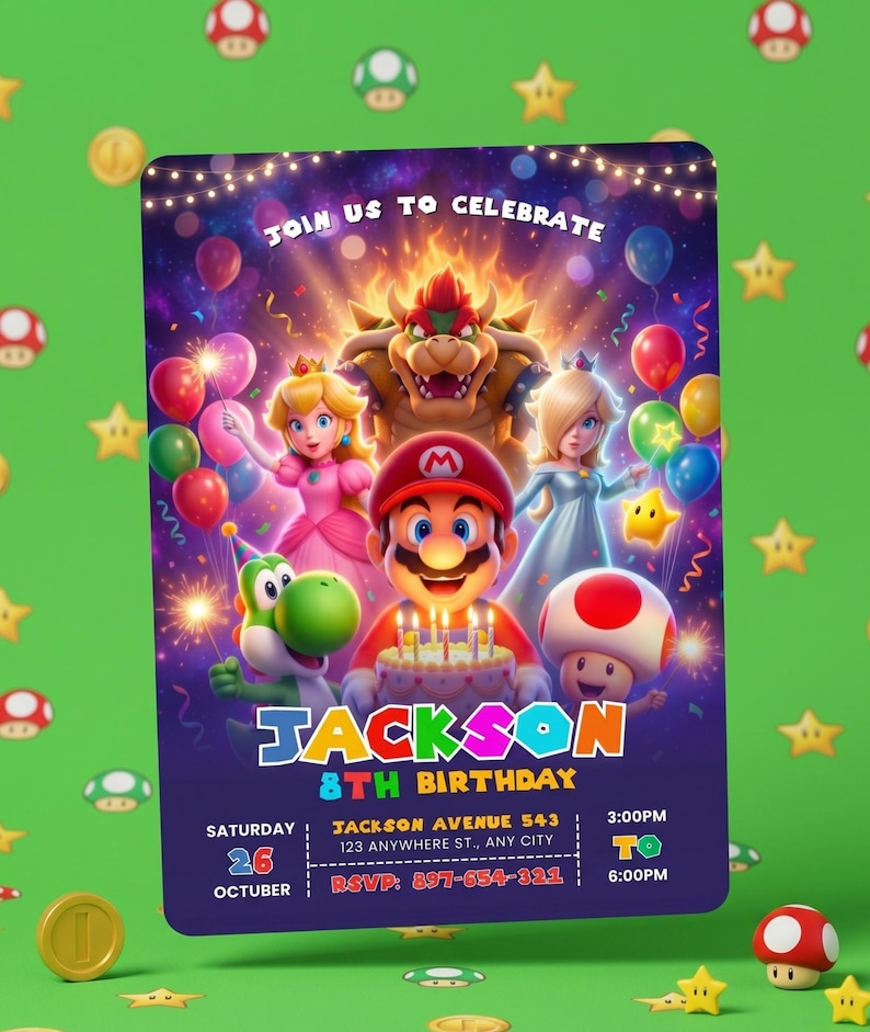 Super Mario Galaxy Birthday Invitation Editable Canva Template ...