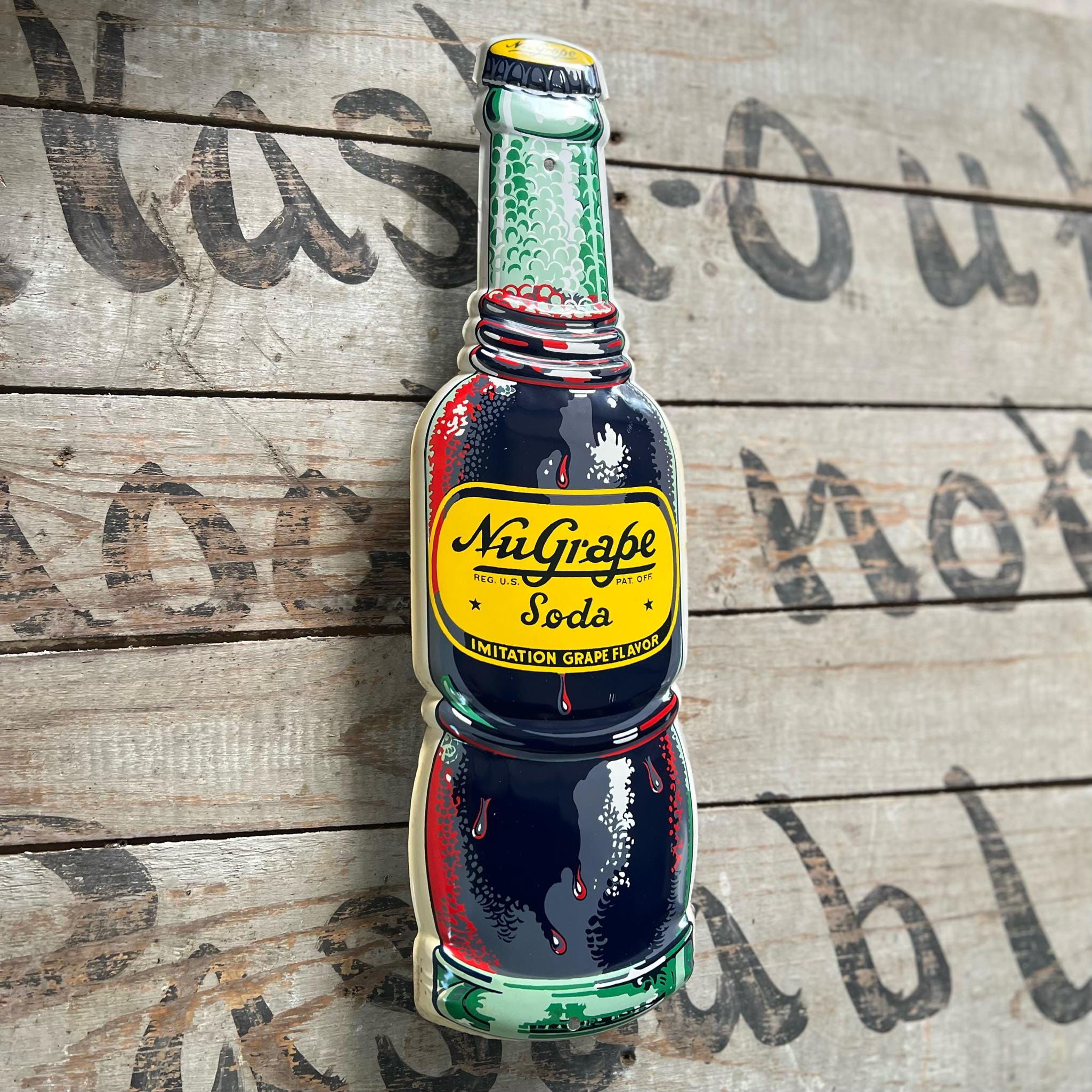 1950s Nugrape Soda Embossed Tin Bottle Sign | N.O.S. Soda Pop ...