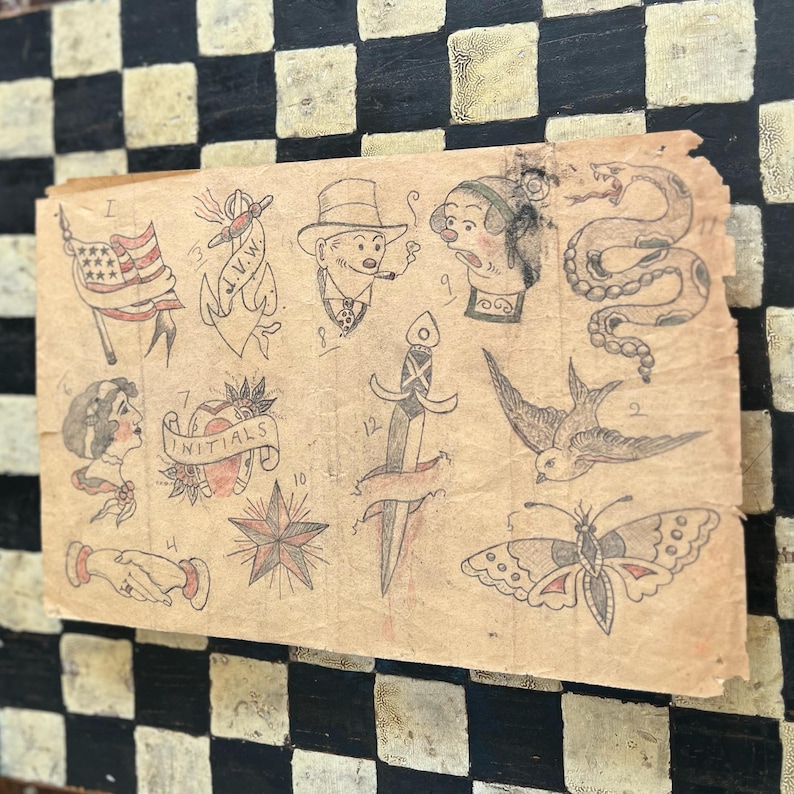 1920s Original Tattoo Flash Sheet • Traditional American Design • Snake ...