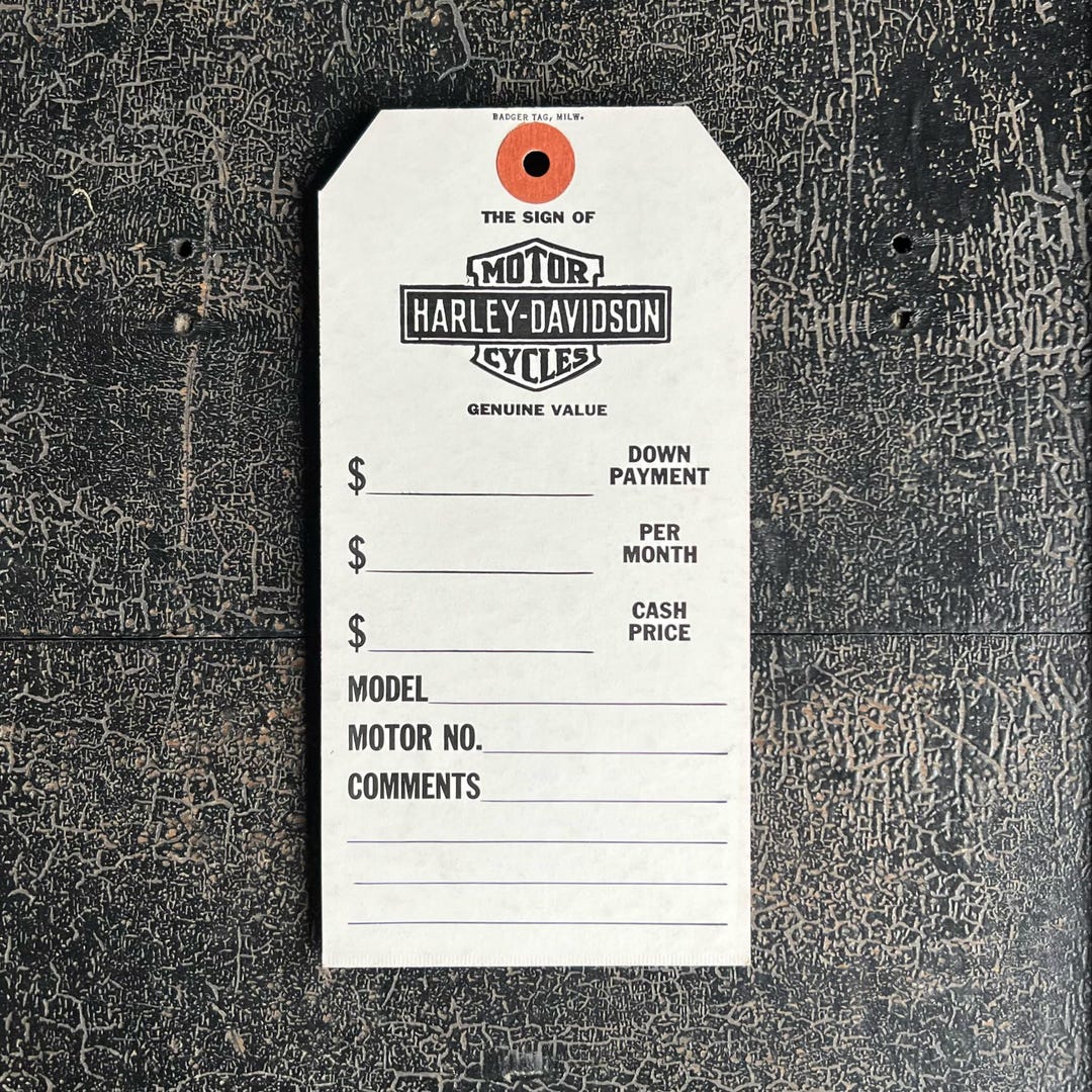 1950s Harley Davidson Motorcycles Price Tag N.O.S. | Badger Tag Co ...