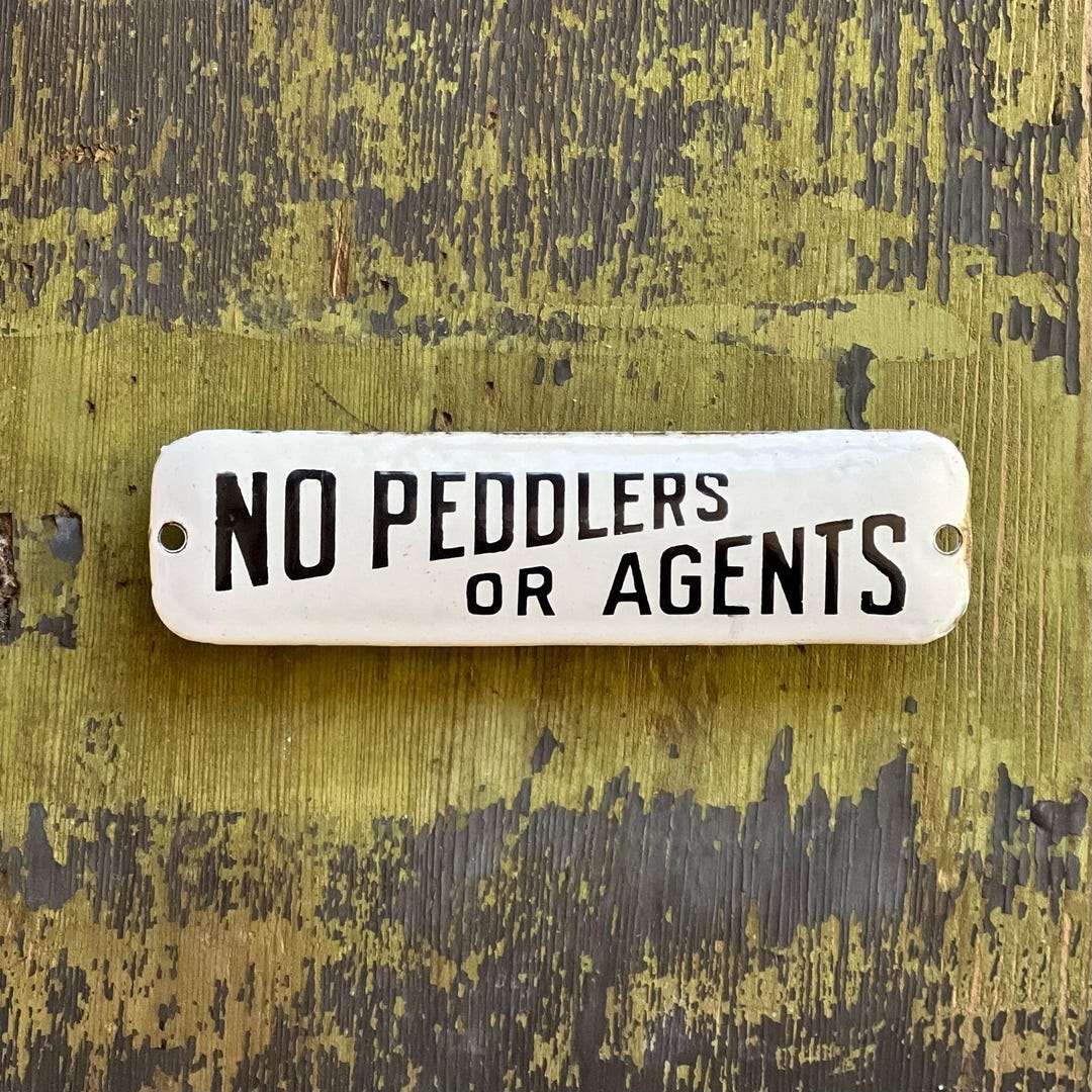 C. 1930's No Peddlers or Agents Porcelain Sign With Early Slanted ...