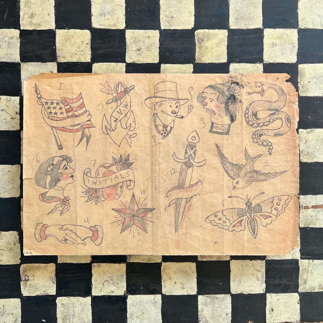 1920s Original Tattoo Flash Sheet • Traditional American Design • Snake ...