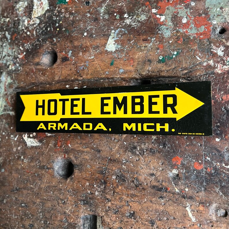 Original Embossed Tin Directional Arrow Street Sign for Hotel Ember ...