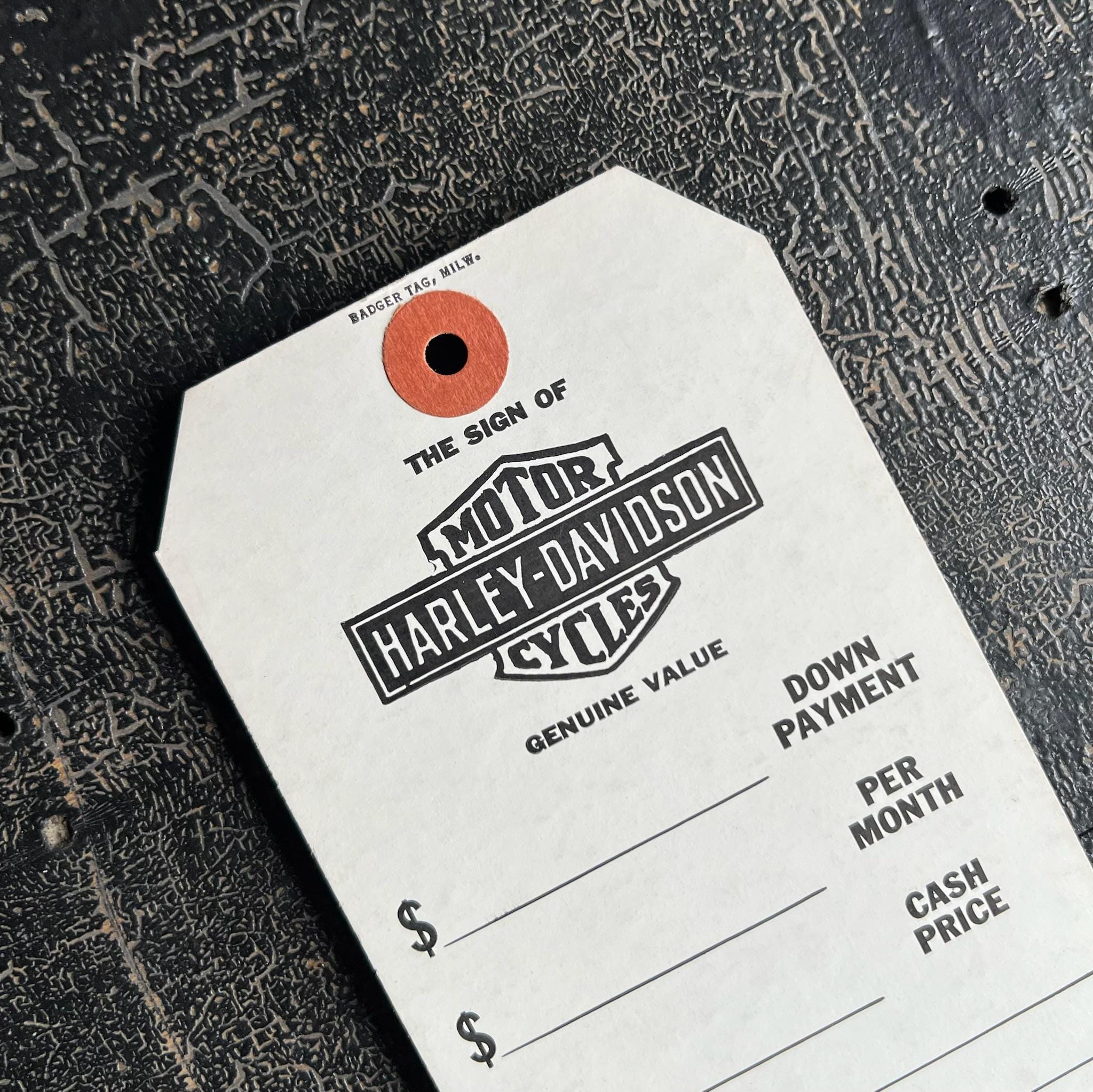 1950s Harley Davidson Motorcycles Price Tag N.O.S. | Badger Tag Co ...