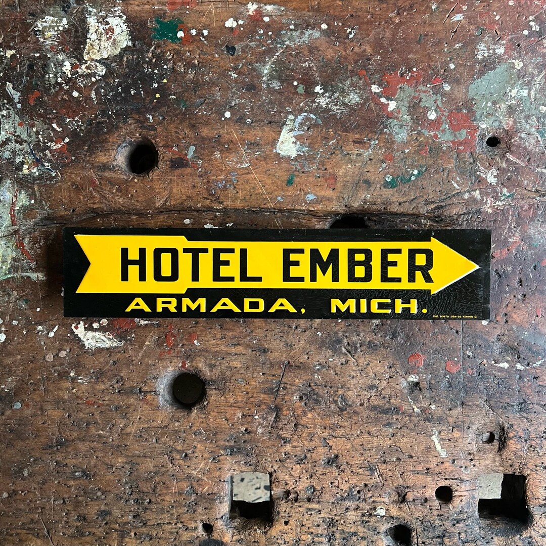 Original Embossed Tin Directional Arrow Street Sign for Hotel Ember ...