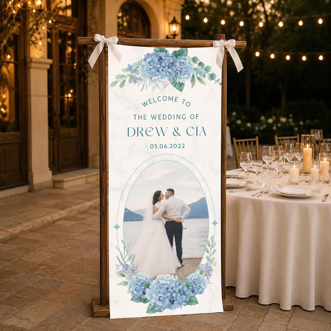 Custom Photo Wedding Welcome Sign Banner, Blue Hydrangea Floral ...