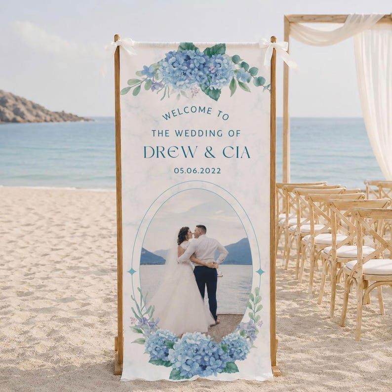 Custom Photo Wedding Welcome Sign Banner, Blue Hydrangea Floral ...