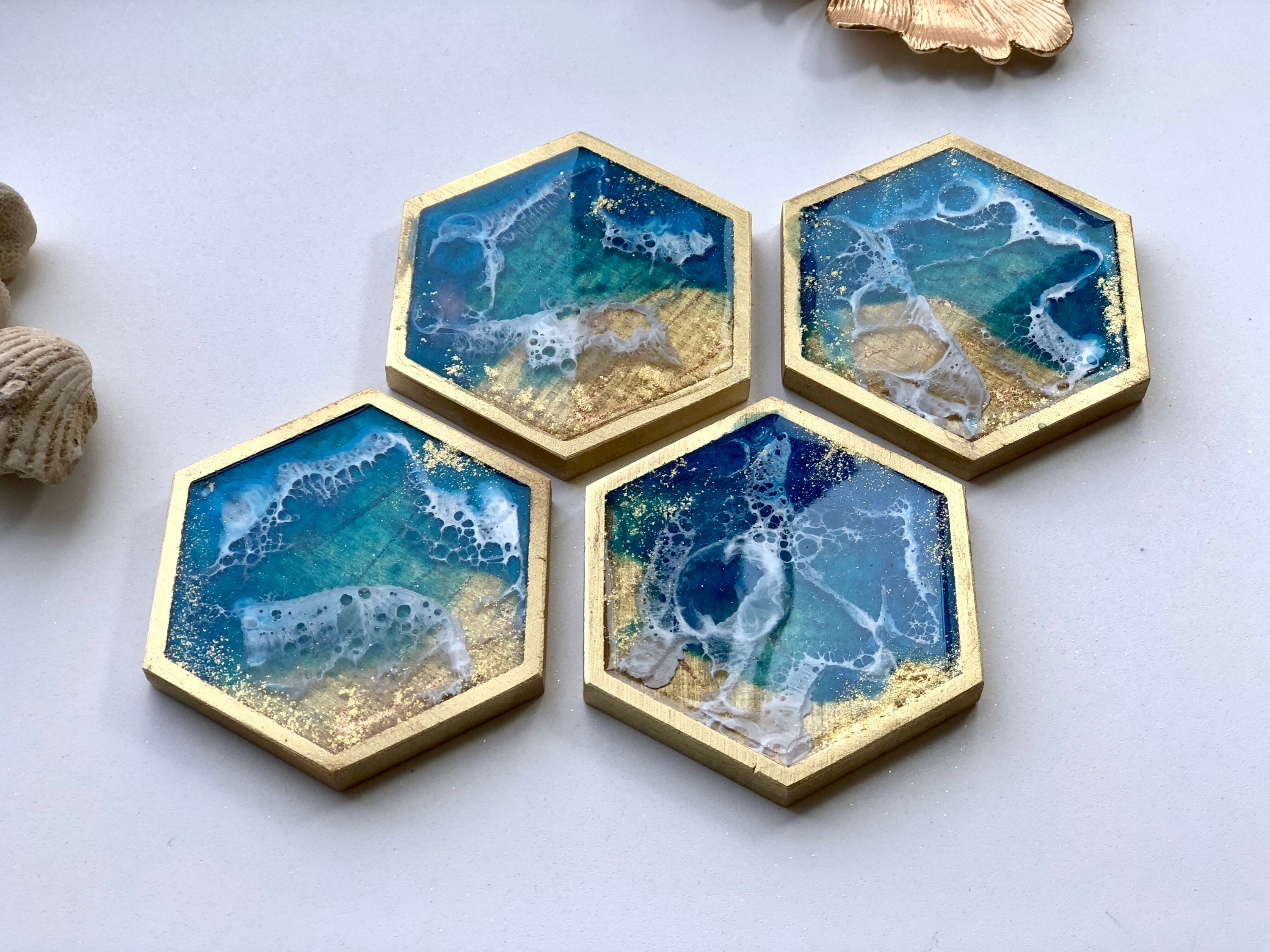 Resin Coaster Hexagon Set of 4, Bamboo Hexagon Set, Gold Edge Finish ...