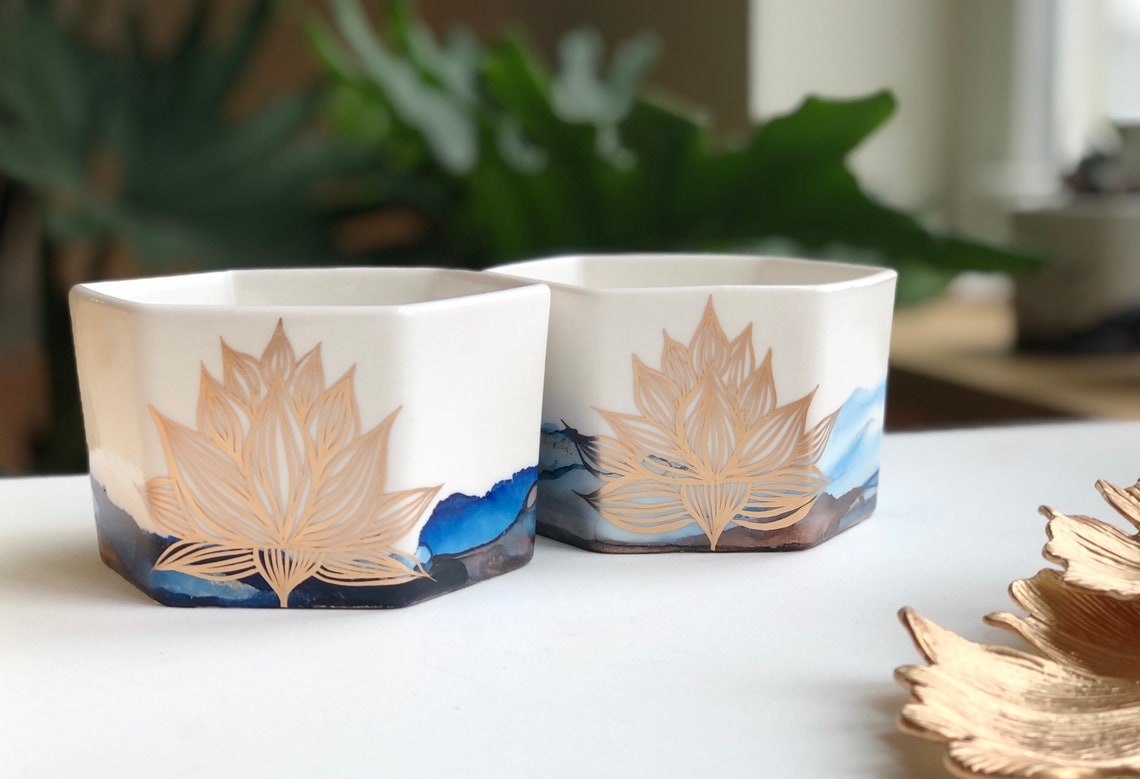 Hexagon succulent planter plant pot alcohol ink gold | Etsy