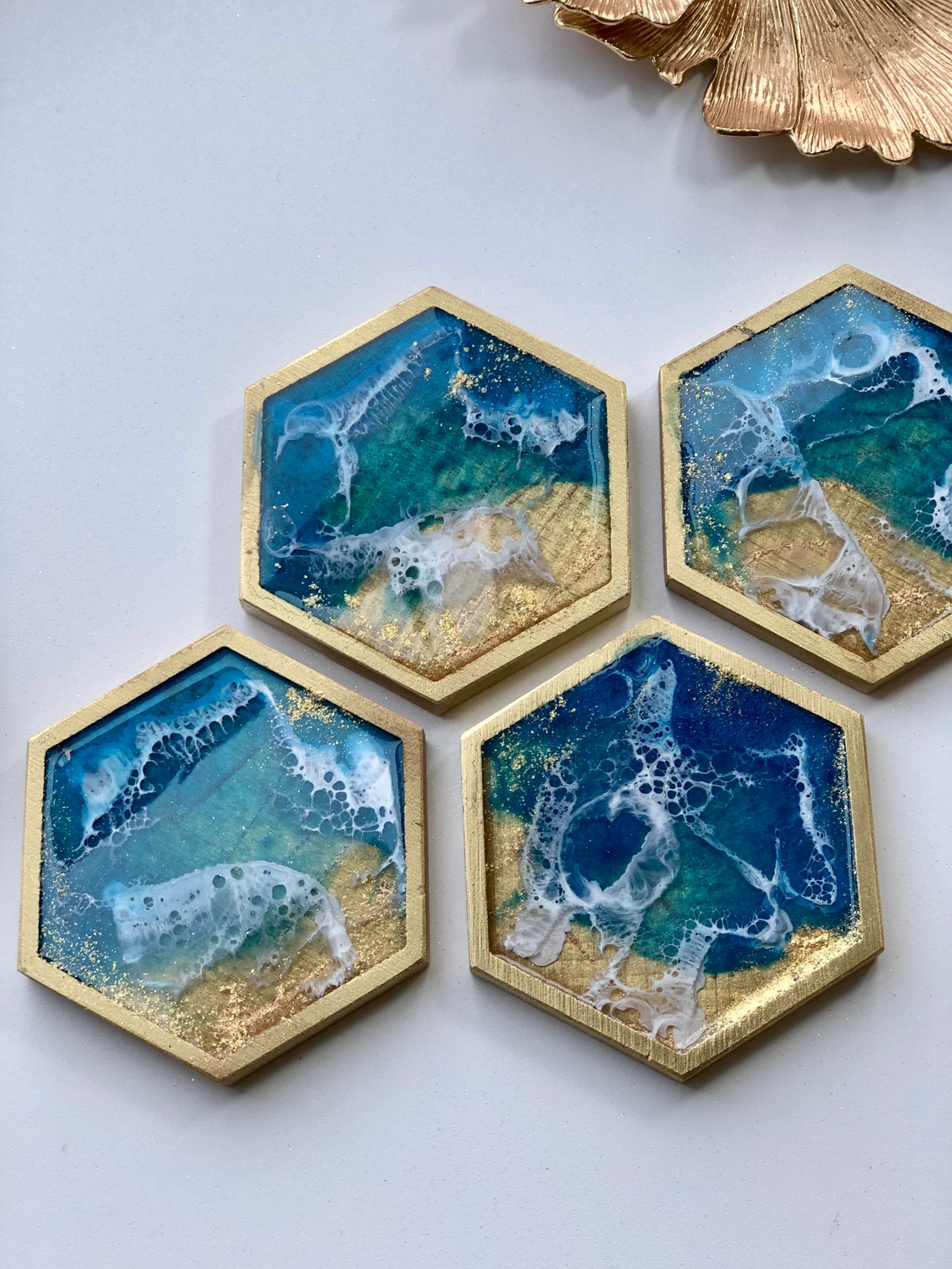 Resin Coaster Hexagon Set of 4, Bamboo Hexagon Set, Gold Edge Finish ...
