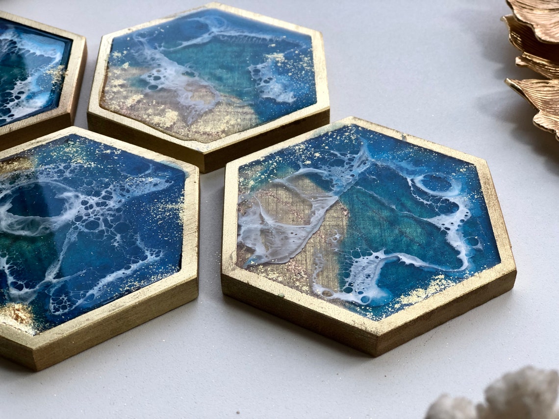 Resin coaster hexagon set of 4 bamboo hexagon set gold edge | Etsy
