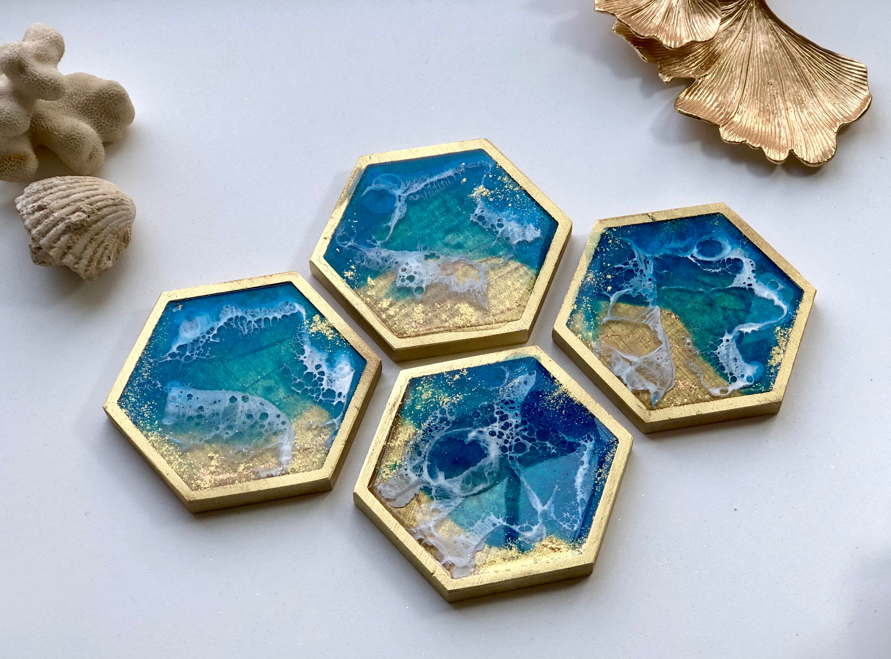 Resin Coaster Hexagon Set of 4, Bamboo Hexagon Set, Gold Edge Finish ...