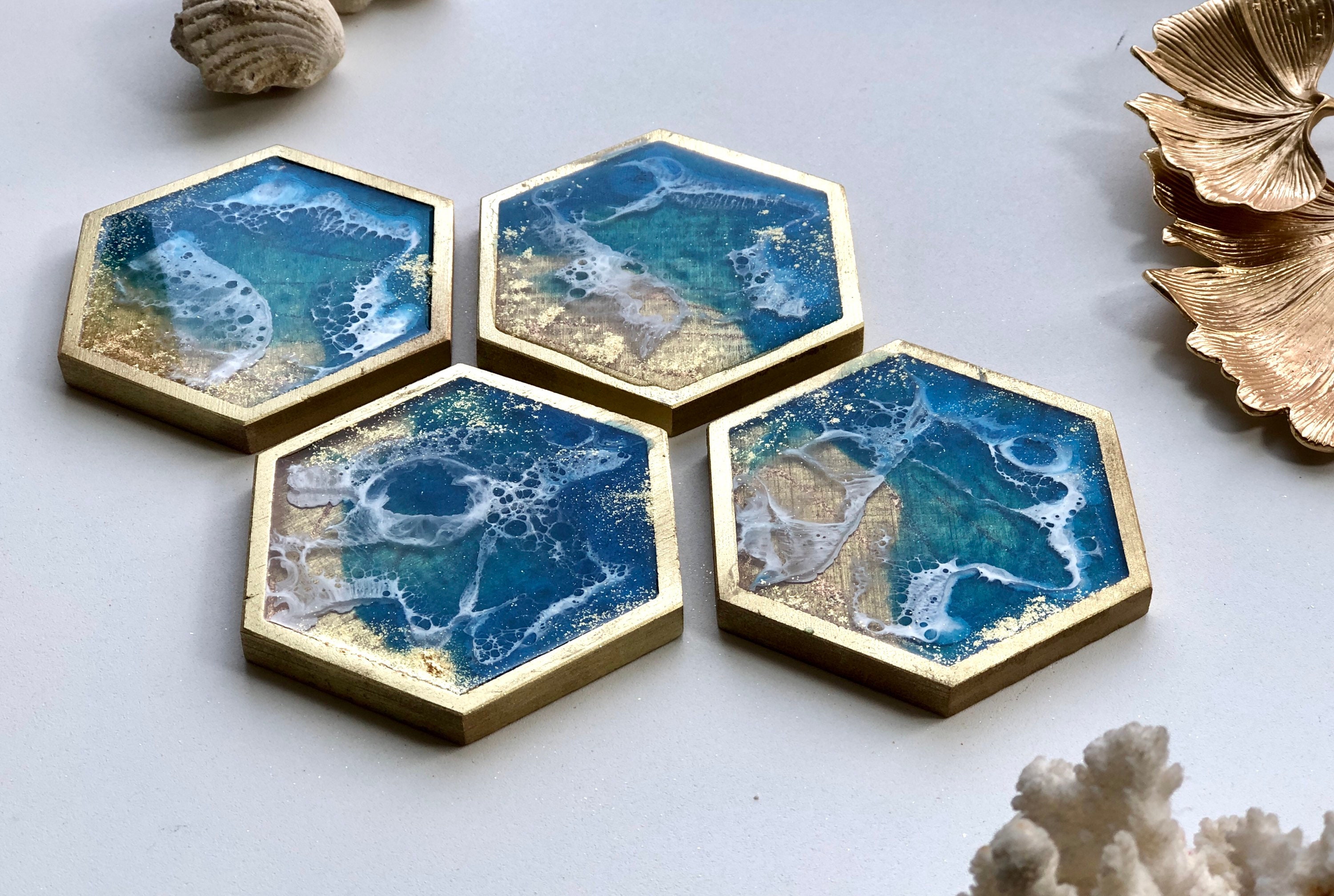 Resin coaster hexagon set of 4 bamboo hexagon set gold edge | Etsy
