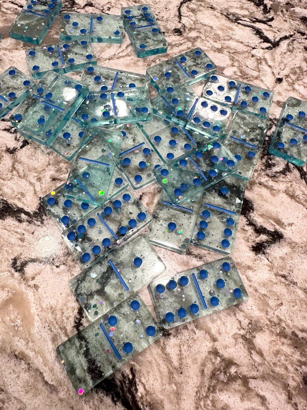 Blue Glitter Resin Domino Set: Transparent Handmade Game - Etsy