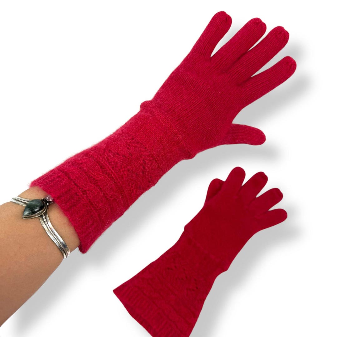 Vintage Japanese Angora Rabbit Hair and Lambswool Red Knit Long Gloves ...