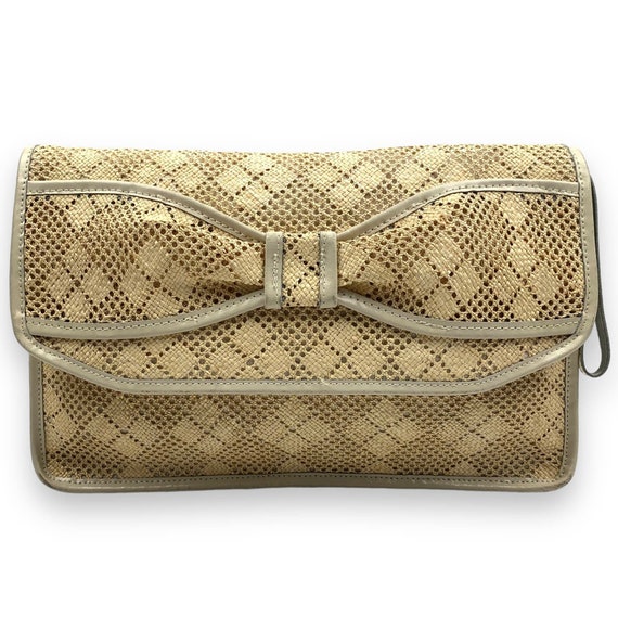 1970's large bow raffia straw and leather wristlet bag - Gem