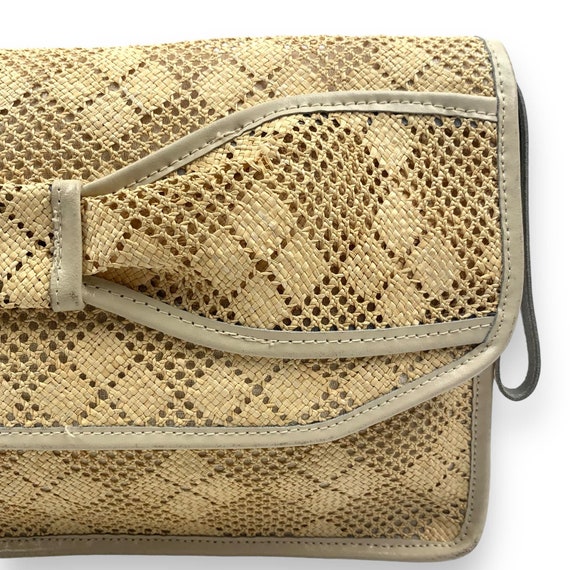 1970's large bow raffia straw and leather wristlet bag - Gem
